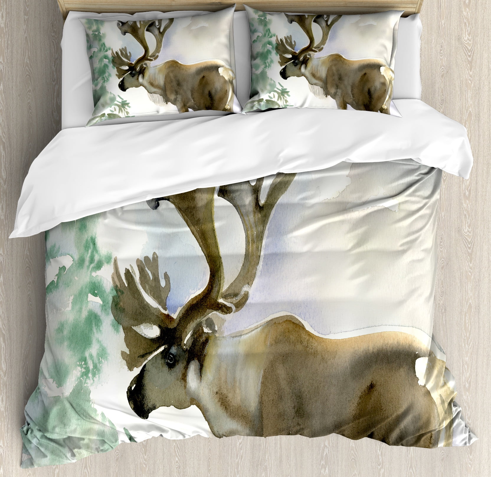 Antlers Duvet Cover Set, Moose in Winter Forest Wildlife Reindeer ...