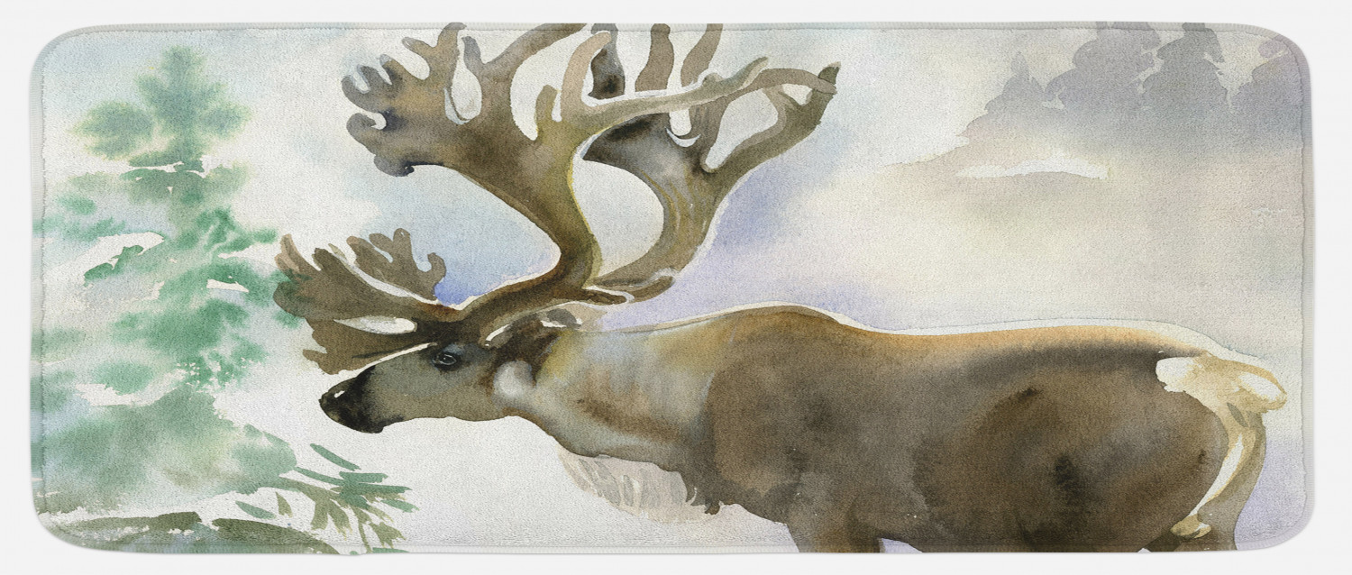 Antlers Kitchen Mat, Moose in Winter Forest Wildlife Reindeer Christmas ...