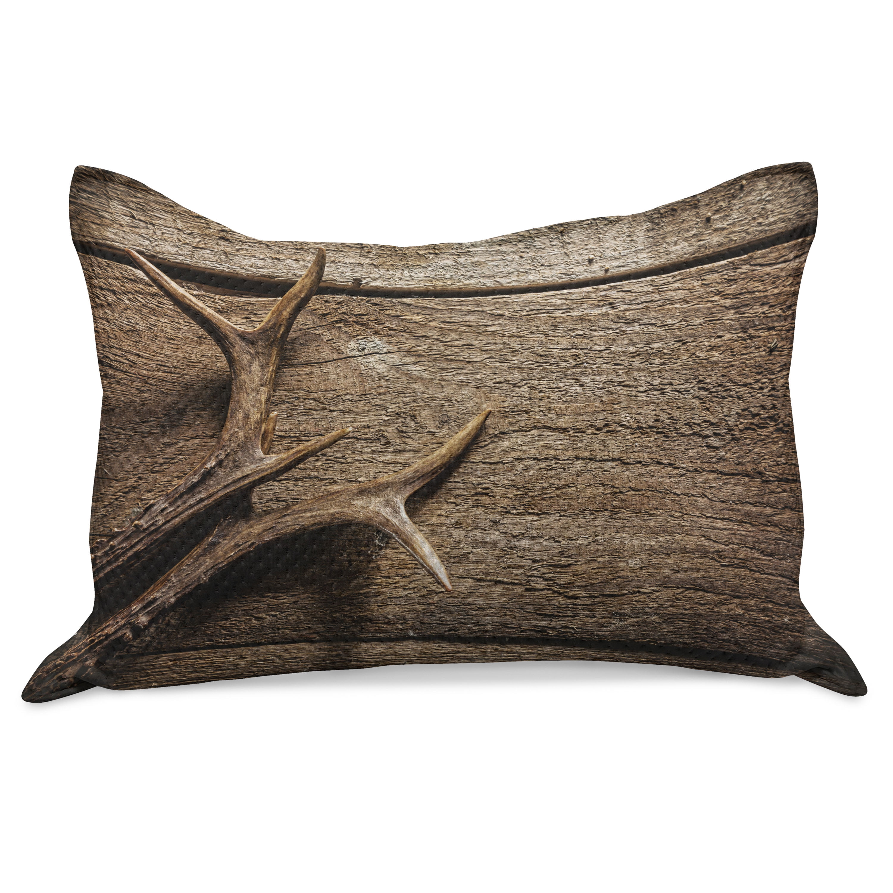 Antlers Knitted Quilt Pillowcover, Deer Antlers on Wood Table Rustic ...