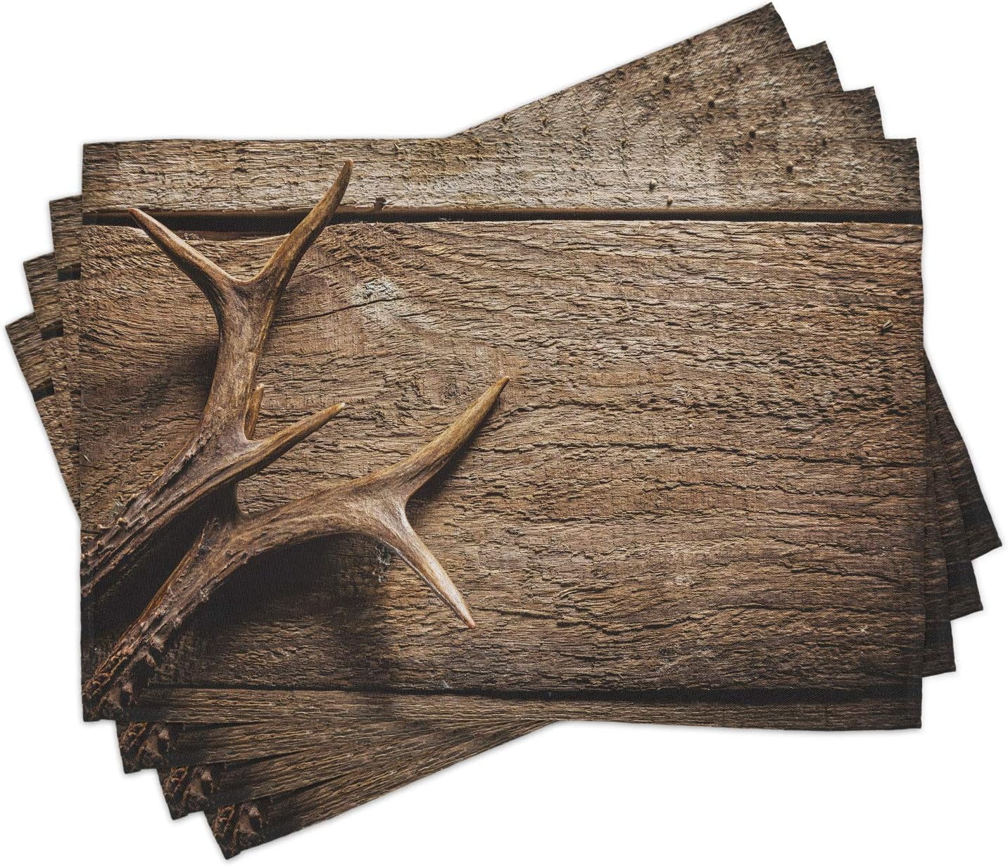 Antlers Place Mats Set of 4, Deer Antlers on Wood Table Rustic Texture ...