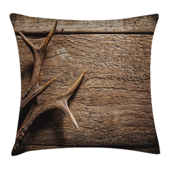 Antlers Throw Pillow Cushion Cover, Deer Antlers on Wood Table Rustic ...