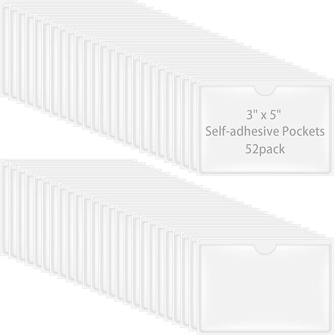 Antner 52 Pack Self-Adhesive Index Card Pockets for 3" x 5" Card, Clear ...