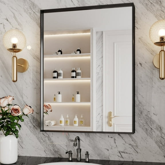 Bathroom Mirror 30x22 Inch Black Metal Framed Rounded Rectangle Vanity ...
