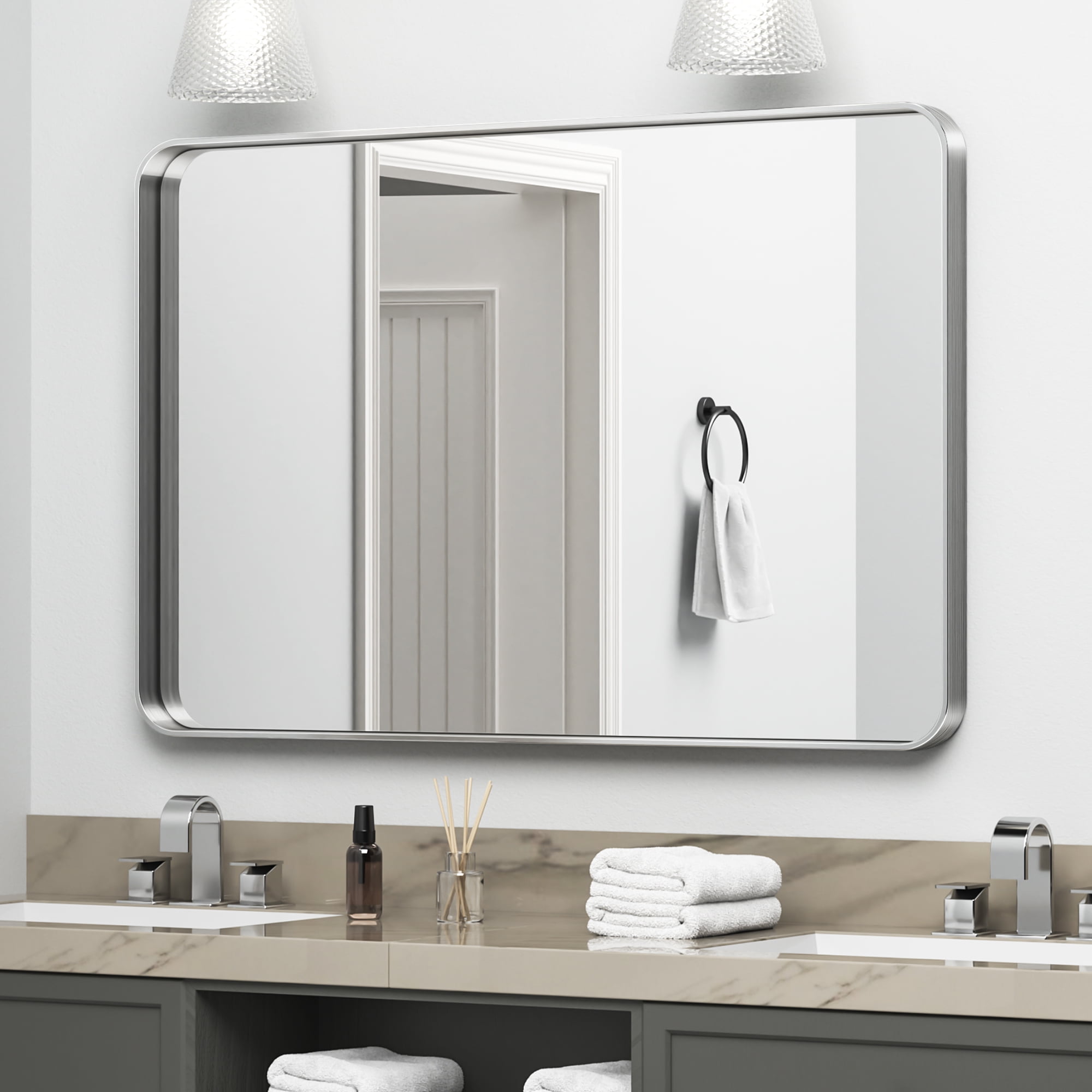 Antok 30×40 Inch Frameless Rectangular Bathroom Mirror, Wall Mounted Vanity Mirror with Rounded ...