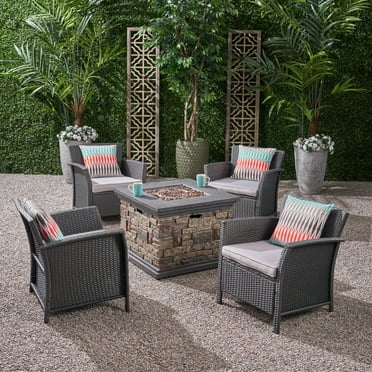 Anton Outdoor 5 Piece Wicker Chat Set with Cushions and Stone Finished ...