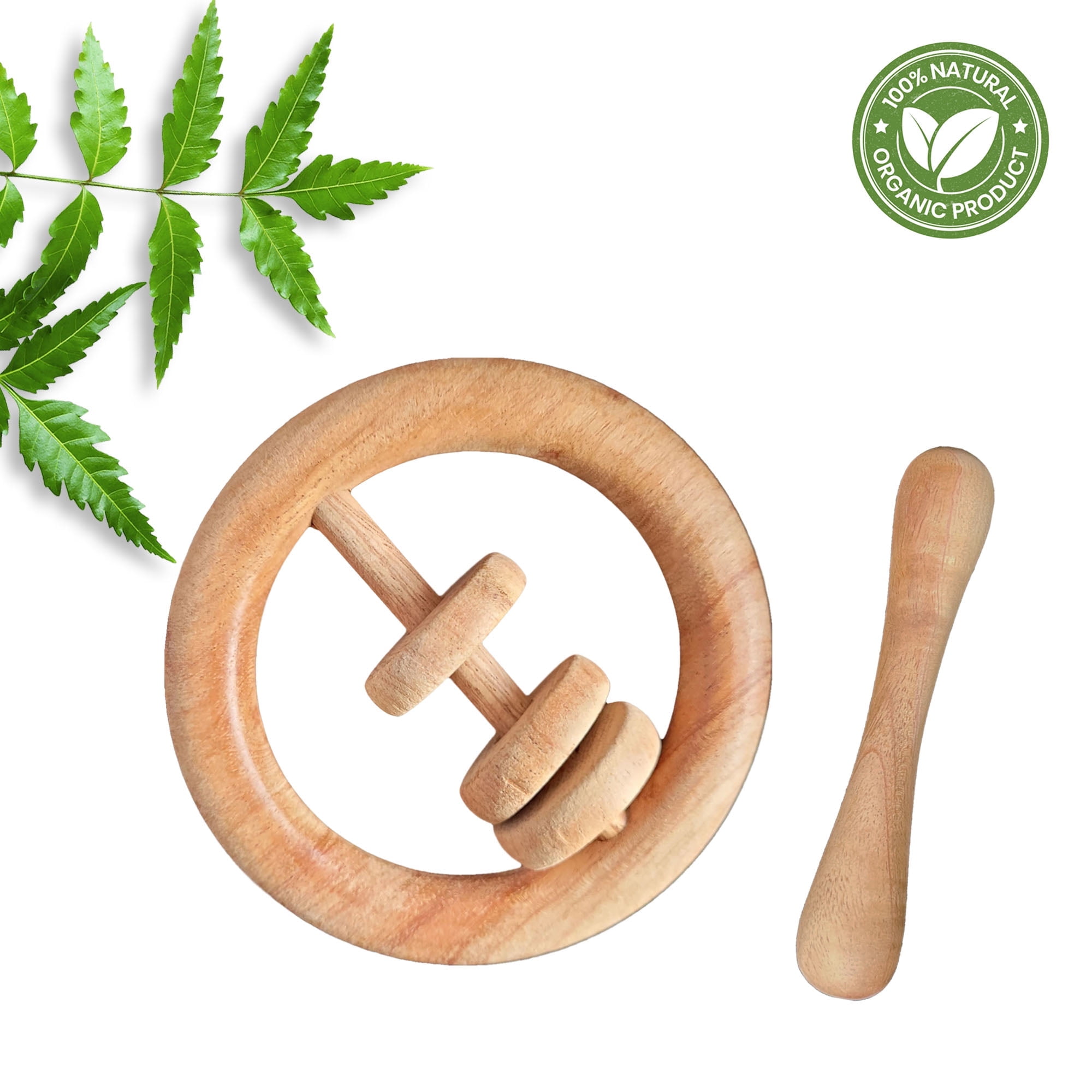 Antoyz Teether Neem Wood Baby Teething Rings, (Round Rattle + Stick ...