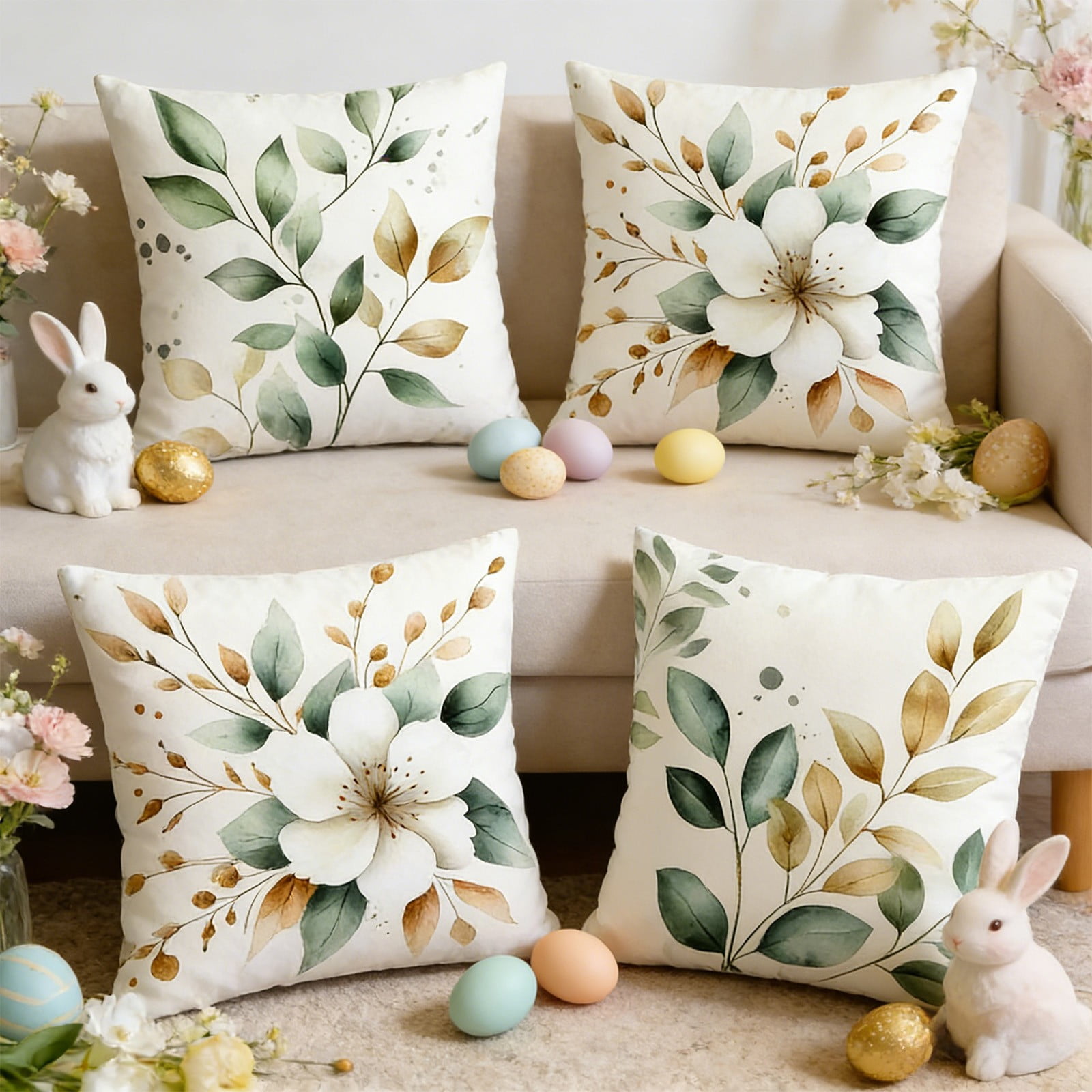 Antqov 4PCS Easter Pillow Covers 18x18" Soft Bunny Eggs Throw Pillow ...