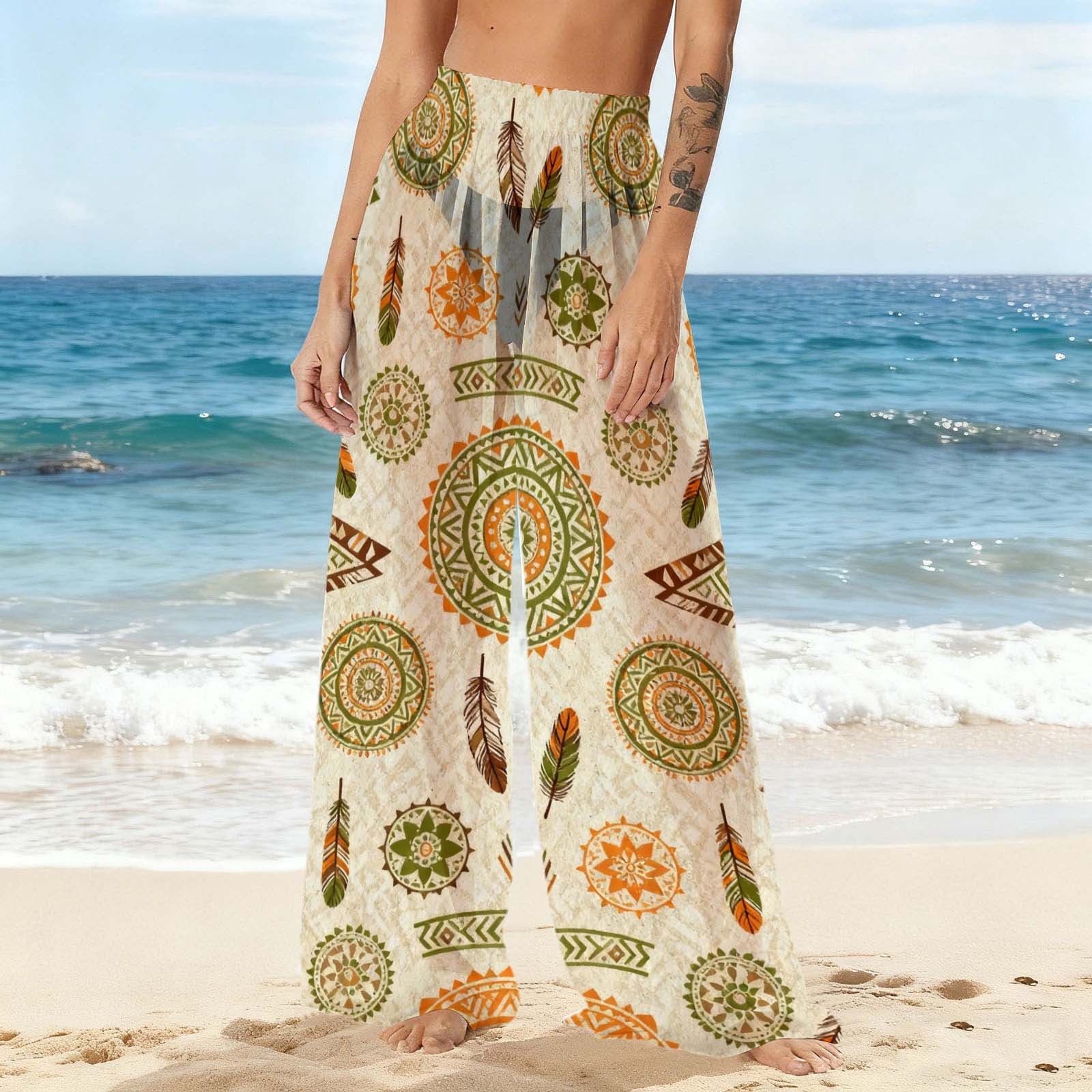 Antqov Beach Pants for Women, Fashion Print Bohemian Chiffon Elastic ...
