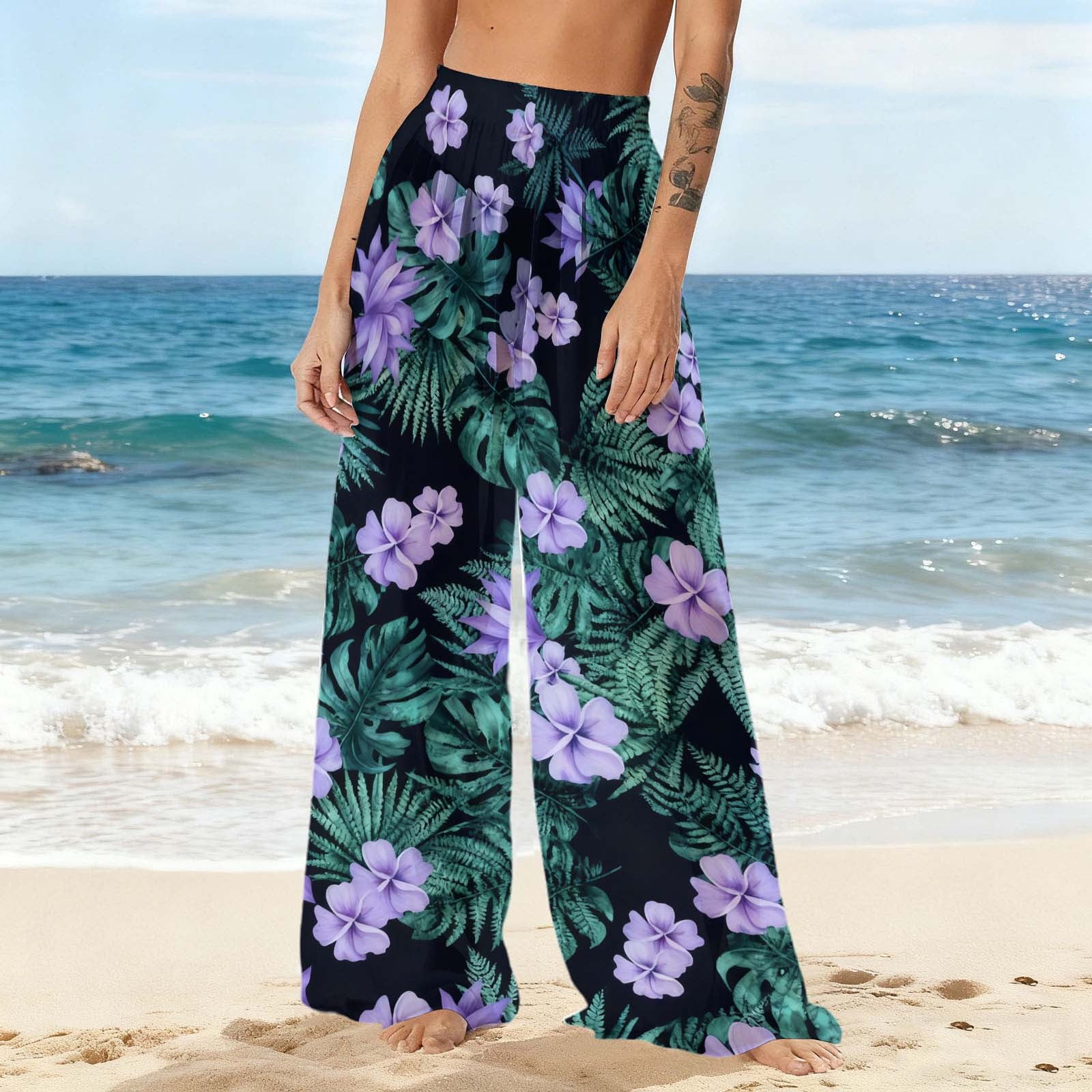 Antqov Beach Pants for Women, Fashion Print Bohemian Chiffon Elastic ...