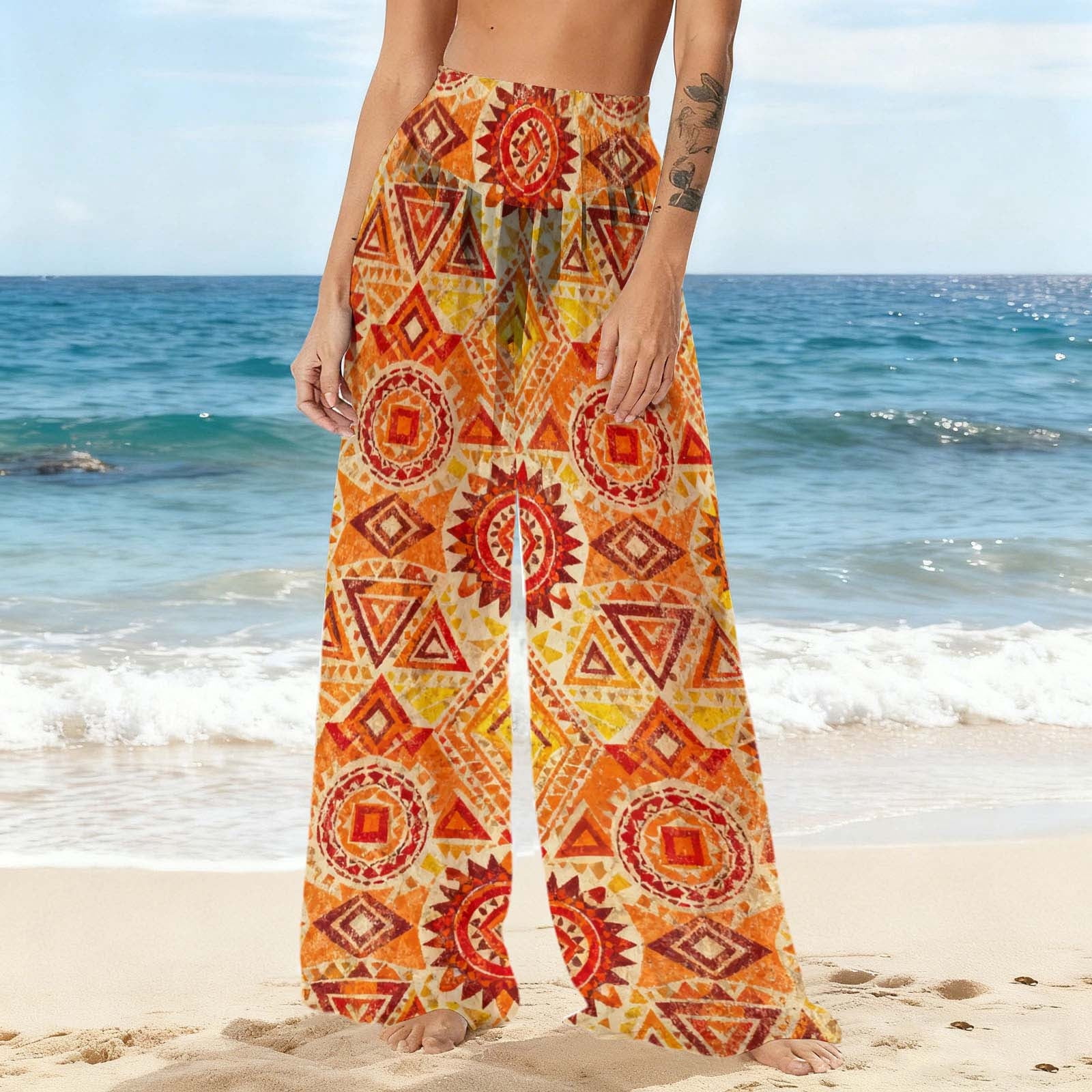 Antqov Beach Pants for Women, Fashion Print Bohemian Chiffon Elastic ...