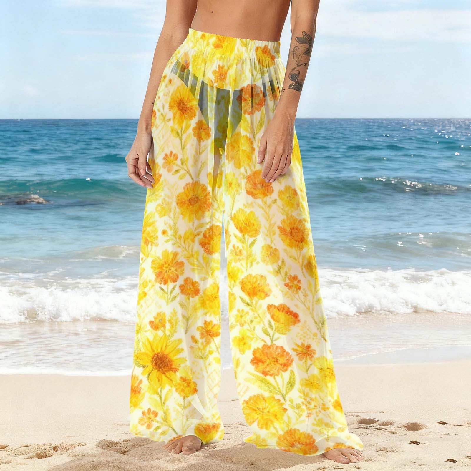 Antqov Beach Pants for Women, Fashion Print Bohemian Chiffon Elastic ...
