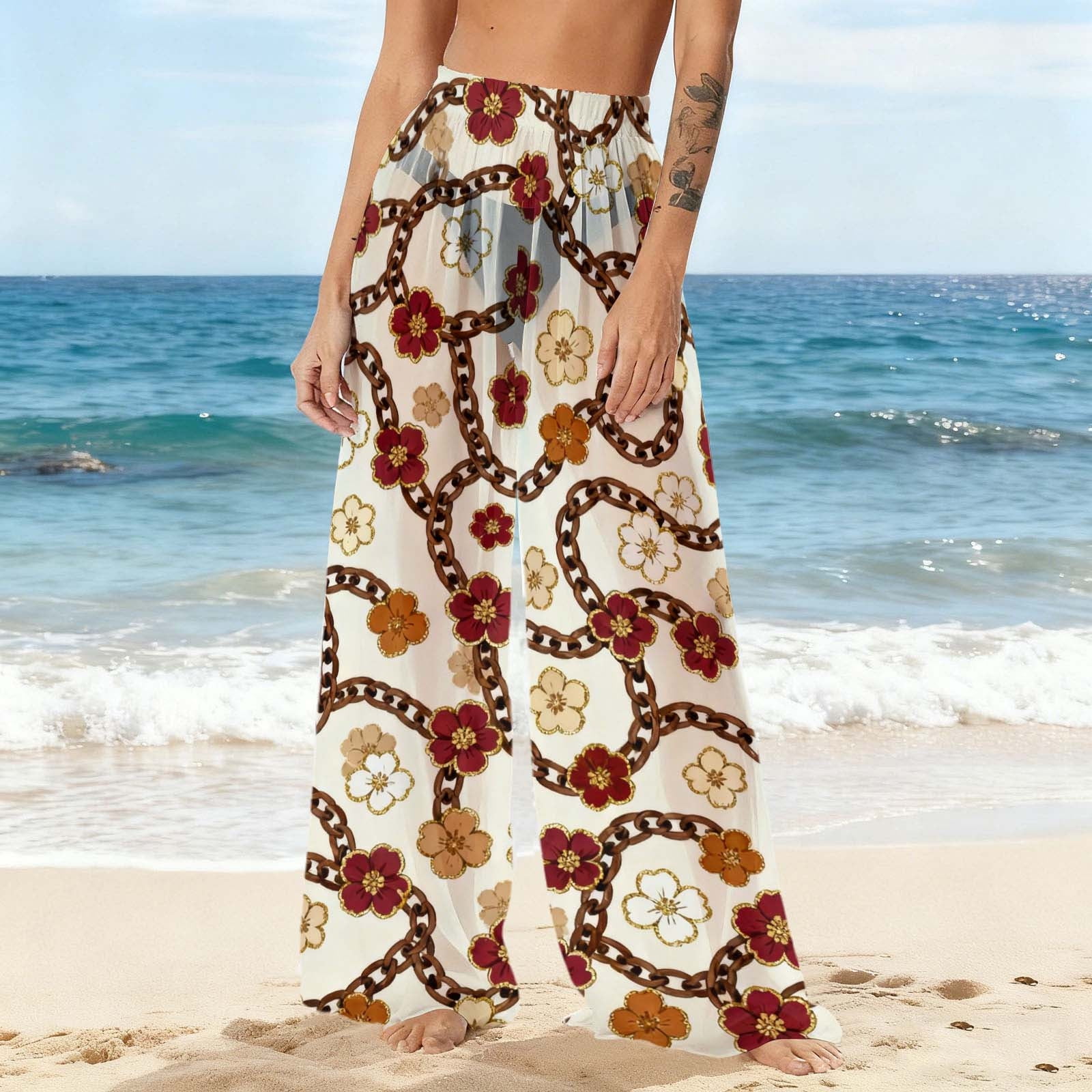 Antqov Beach Pants for Women, Fashion Print Bohemian Chiffon Elastic ...