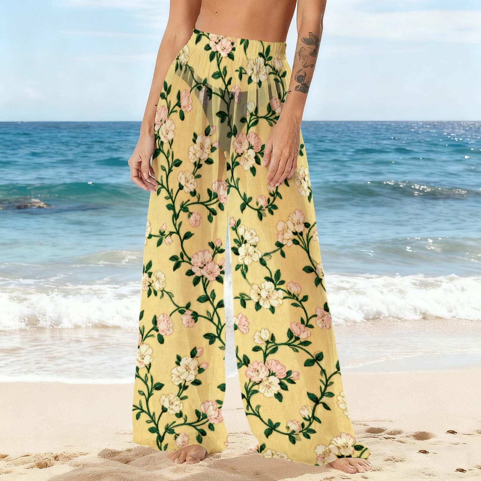Antqov Beach Pants for Women, Fashion Print Bohemian Chiffon Elastic ...