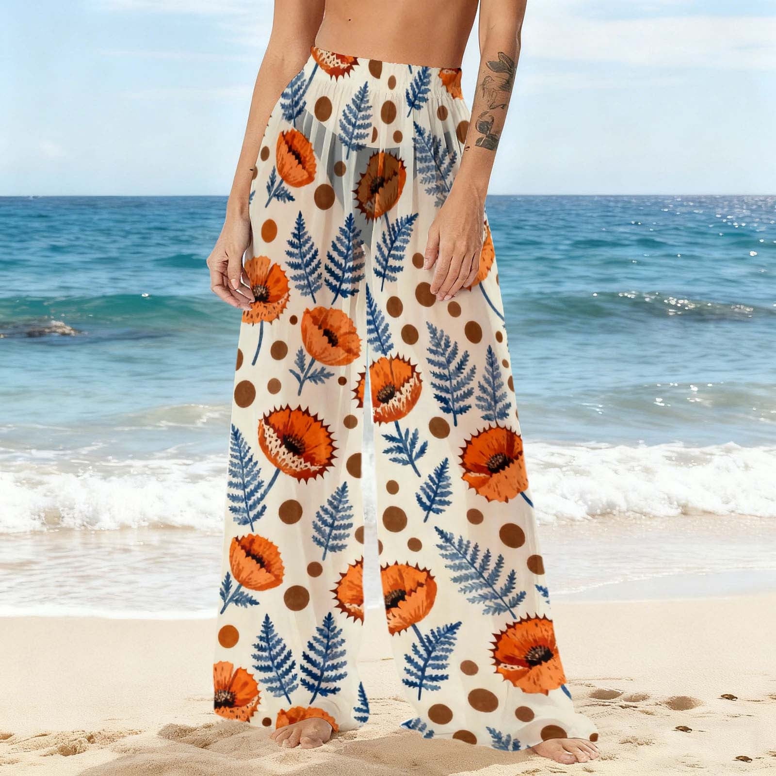 Antqov Beach Pants for Women, Fashion Print Bohemian Chiffon Elastic ...