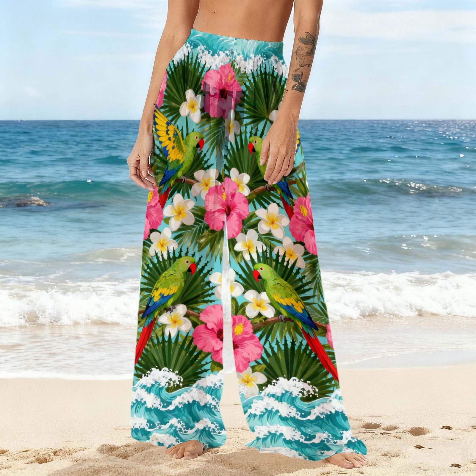 Antqov Beach Pants for Women, Fashion Print Bohemian Chiffon Elastic ...