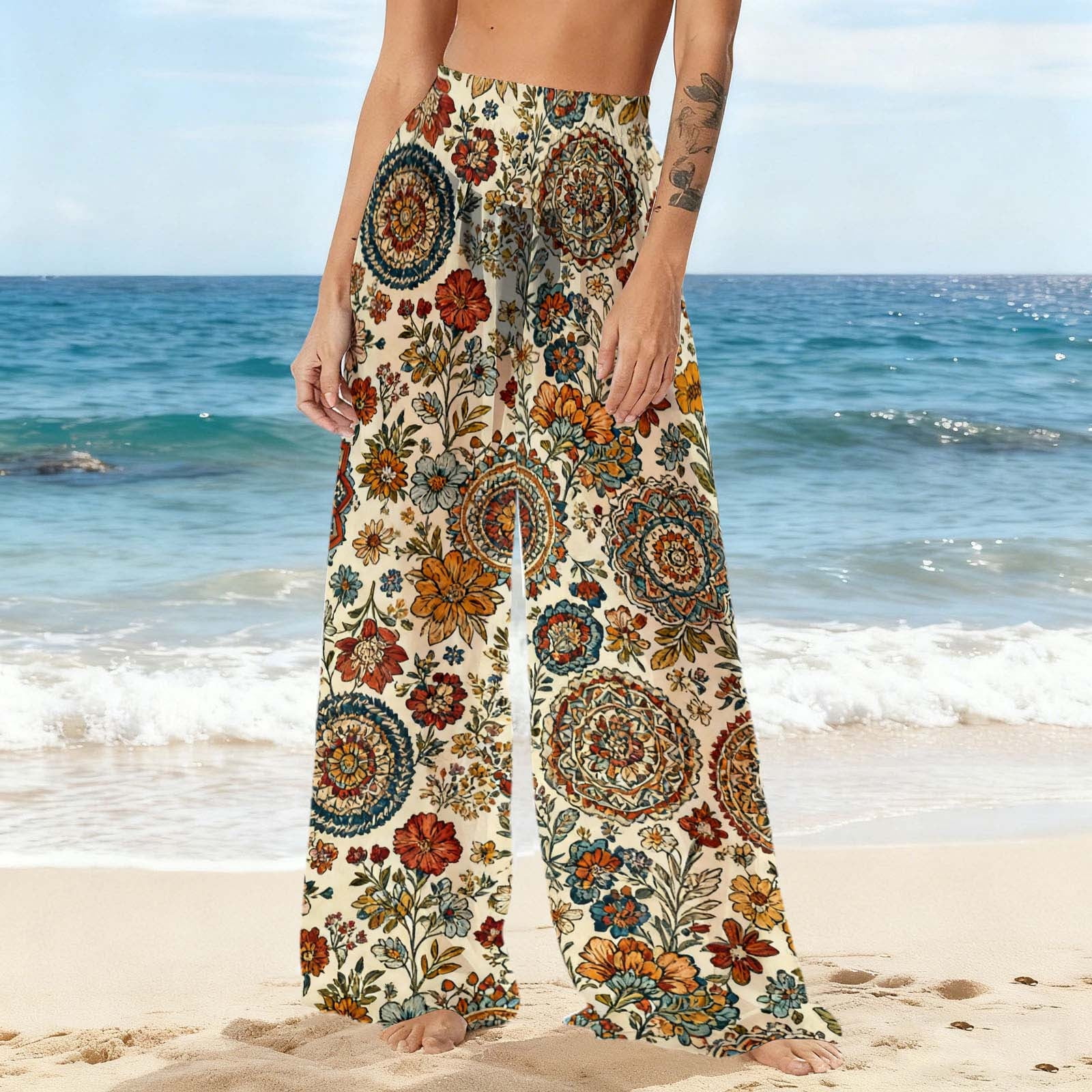 Antqov Beach Pants for Women, Fashion Print Bohemian Chiffon Elastic ...