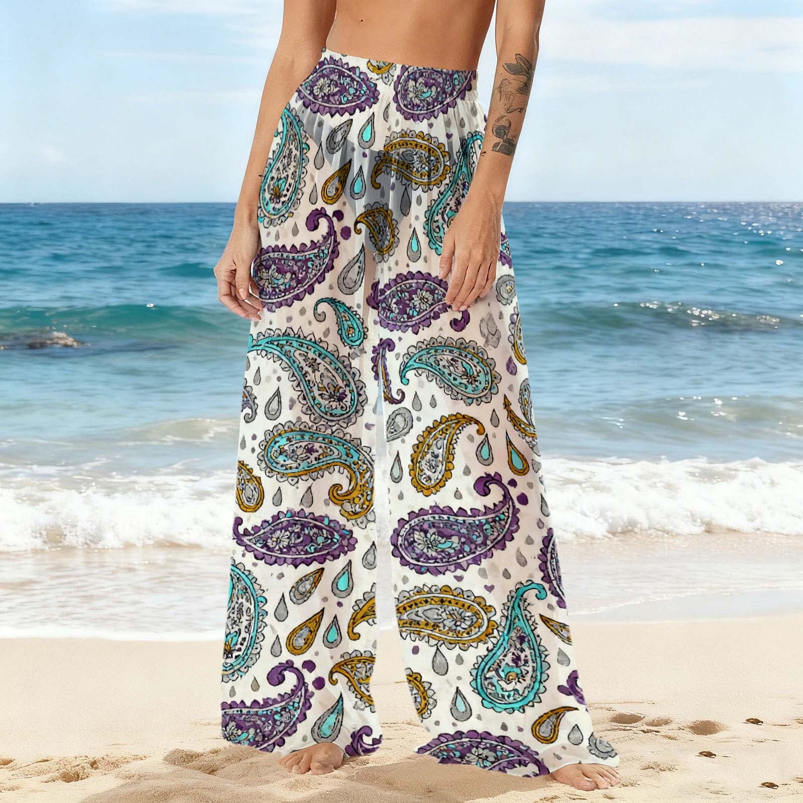 Antqov Beach Pants for Women, Fashion Print Bohemian Chiffon Elastic ...