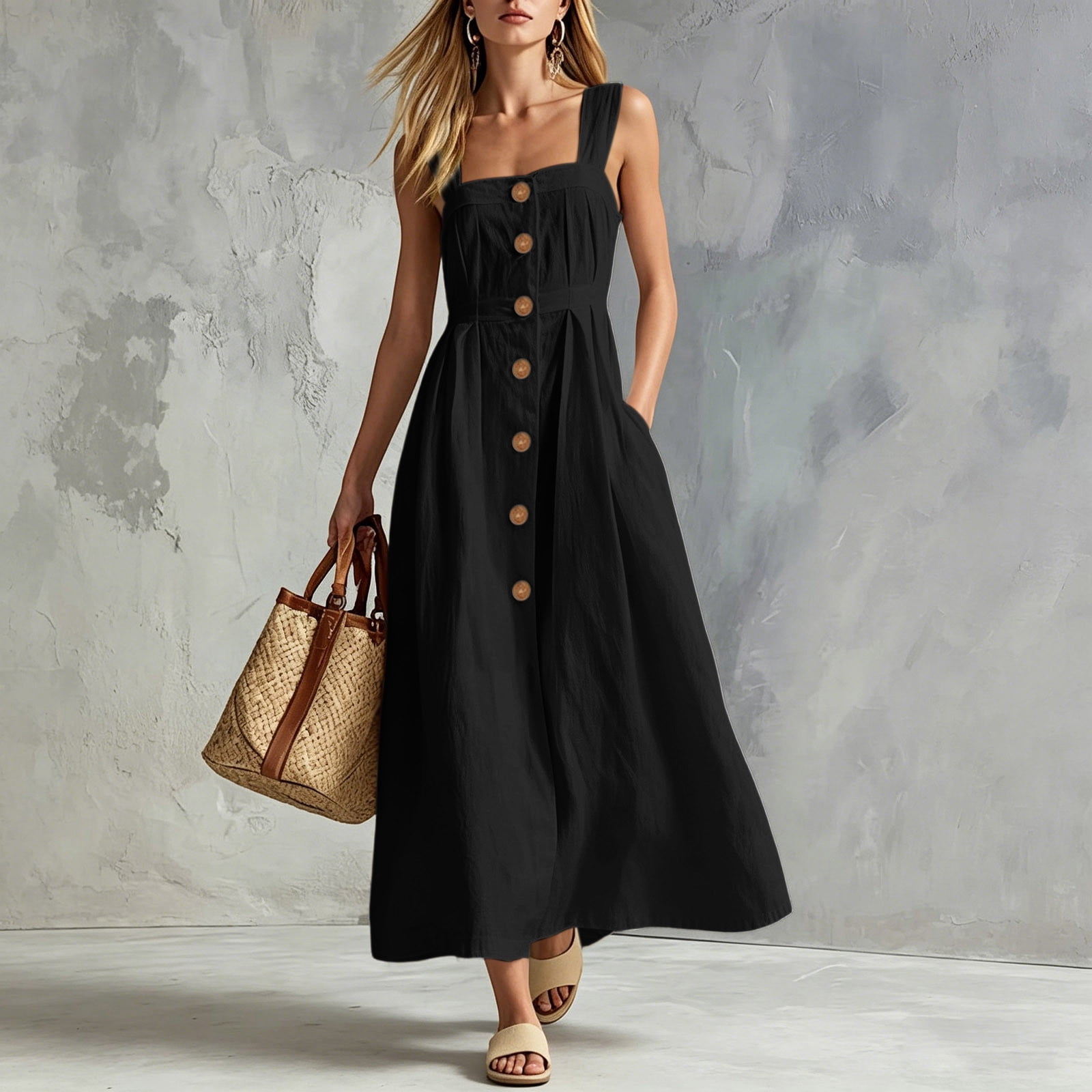 Antqov Black Dresses for Women Summer Cotton Linen Boho Sleeveless A ...
