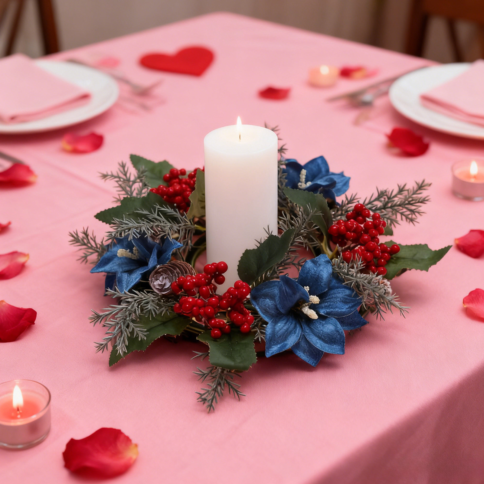 Antqov Candle Ring Wreath 7" Artificial Pines Norfolks Berries Garland ...