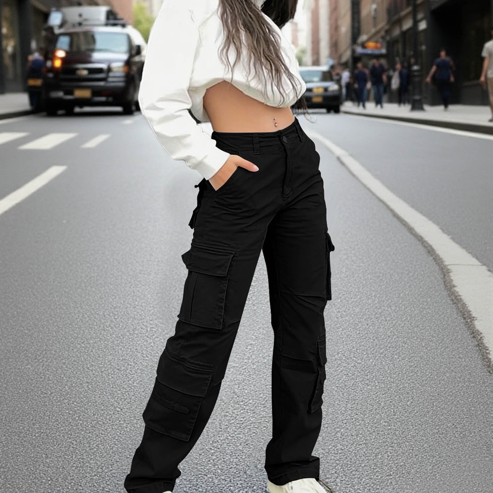 Antqov Cargo Pants Women, High Waist Solid Color Straight Leg Cuffed ...