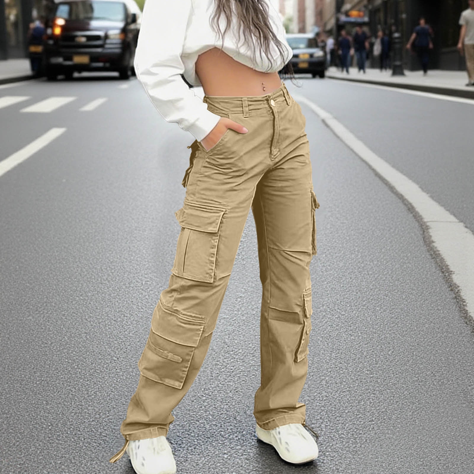 Antqov Cargo Pants Women, High Waist Solid Color Straight Leg Cuffed ...