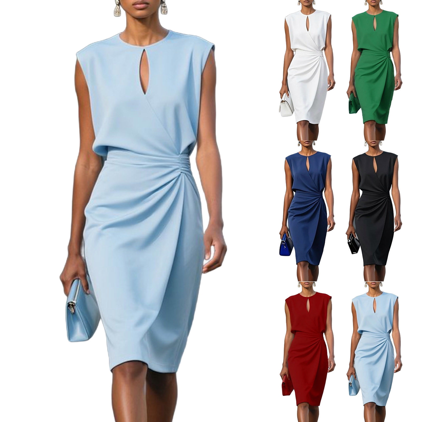 Antqov Dresses for Women, Solid Color Keyhole Round Neck Fitted Pleats ...