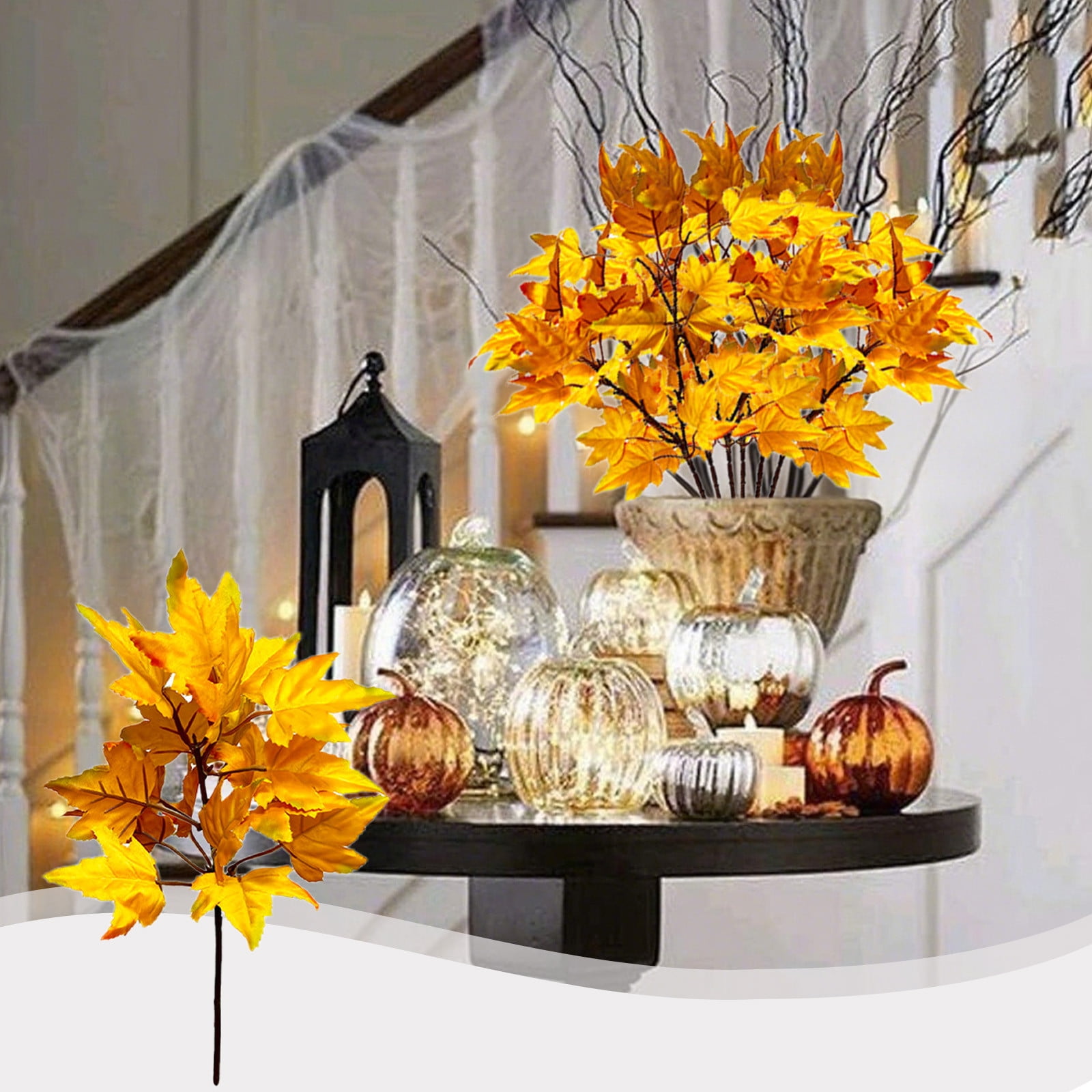 Antqov Fall Decor Artificial Maple Leaf Pumpkin Branches Faux Floral ...