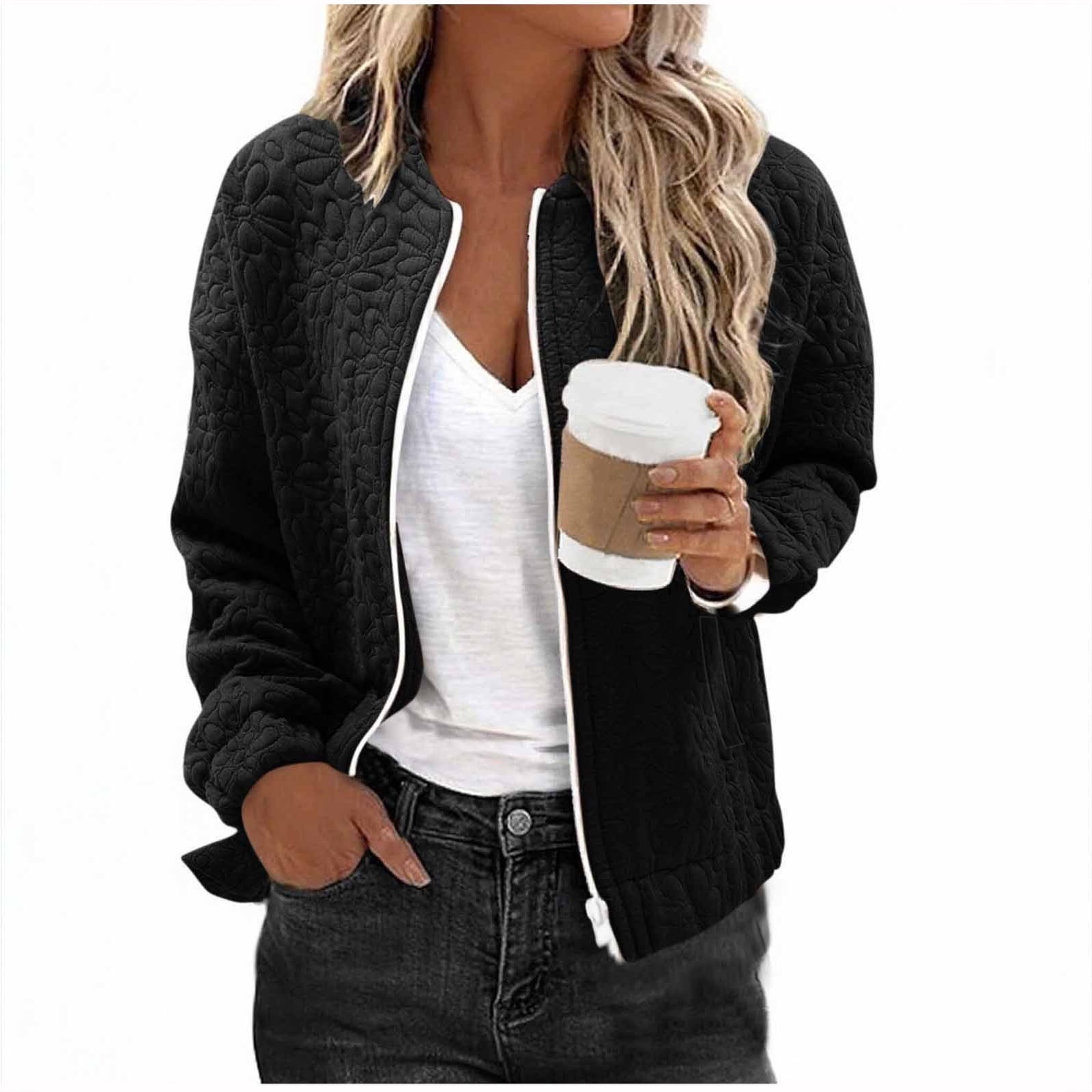 Antqov Jacket Women, Solid Color Floral Print Zip Up Crewneck Coats ...