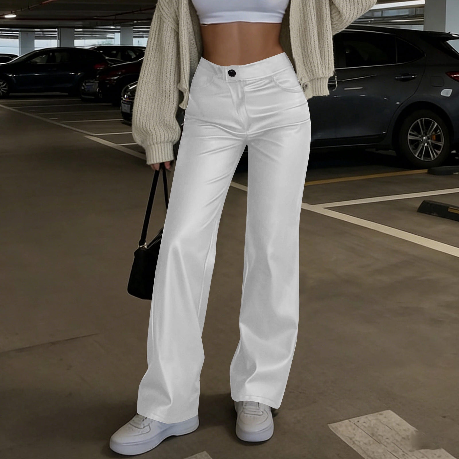 Antqov Leather Pants for Women, Solid Color Button Zipper Elastic Waist ...