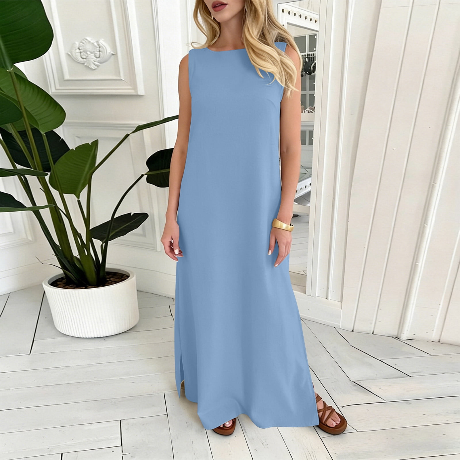 Antqov Linen Dress Women, Solid Color Round Neck Sleeveless Loose Side ...