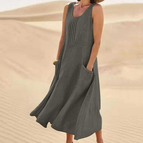 Antqov Linen Dress Women, Solid Color Round Neck Sleeveless Pleat Tank ...