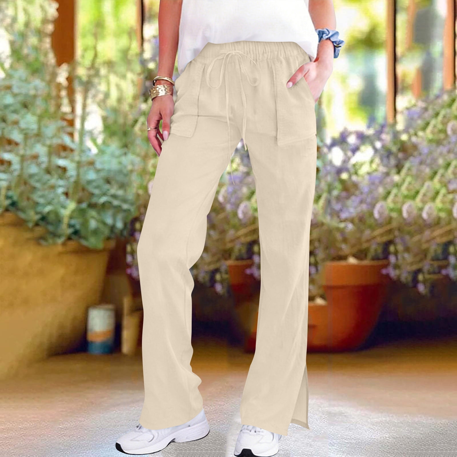 Antqov Linen Pants Women, Elastic Waist Solid Color Stretch Drawstring ...