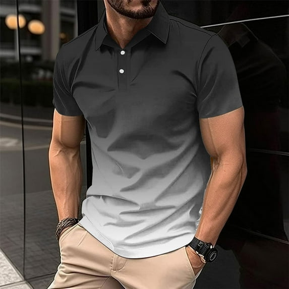 Antqov Mens T Shirts, Gradient Print Short Sleeve Turn Down Collar ...
