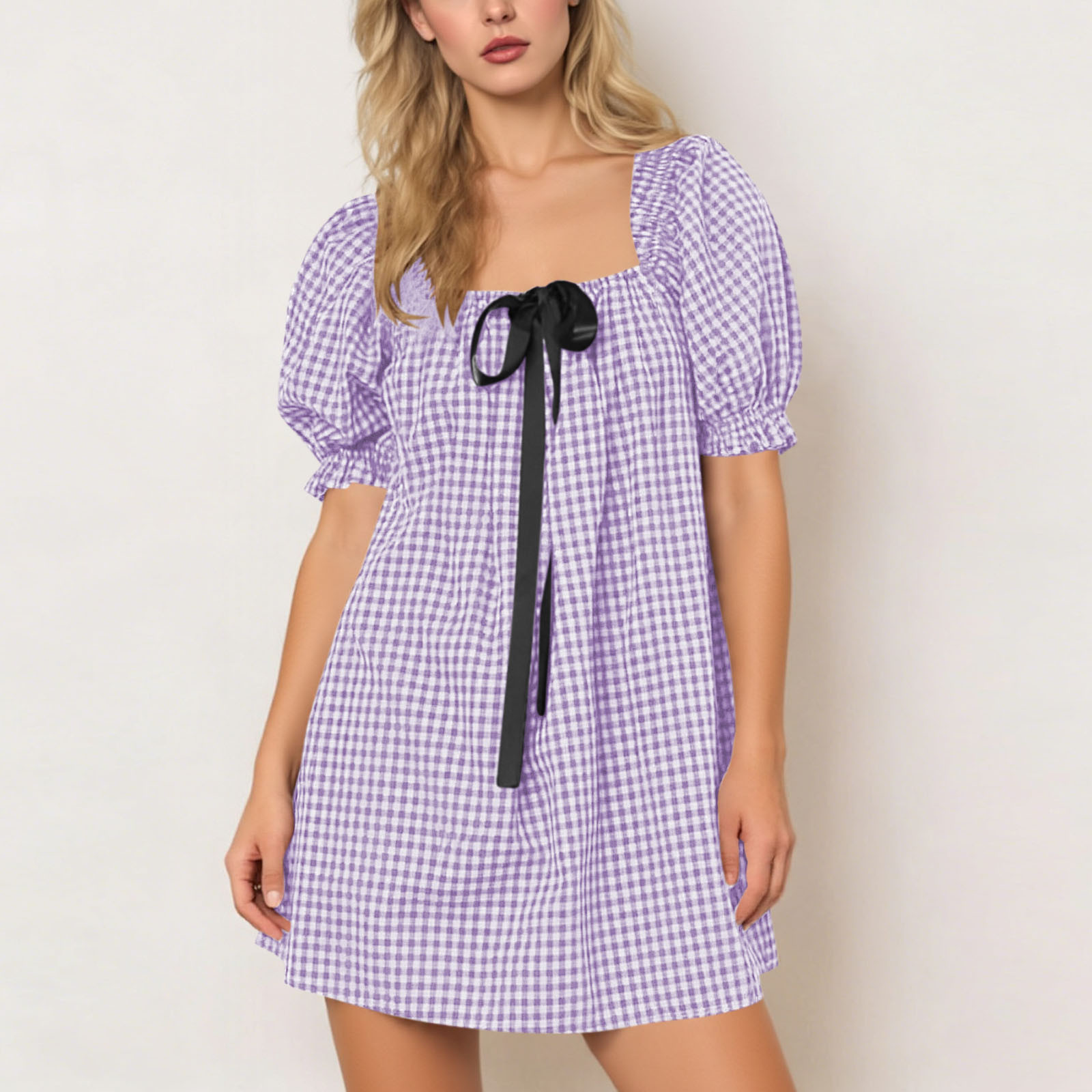 Antqov Plaid Dresses for Women, Checkered Short Sleeve Bouffant Sleeve ...