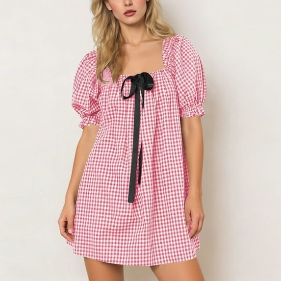 Antqov Plaid Dresses for Women, Checkered Short Sleeve Bouffant Sleeve ...
