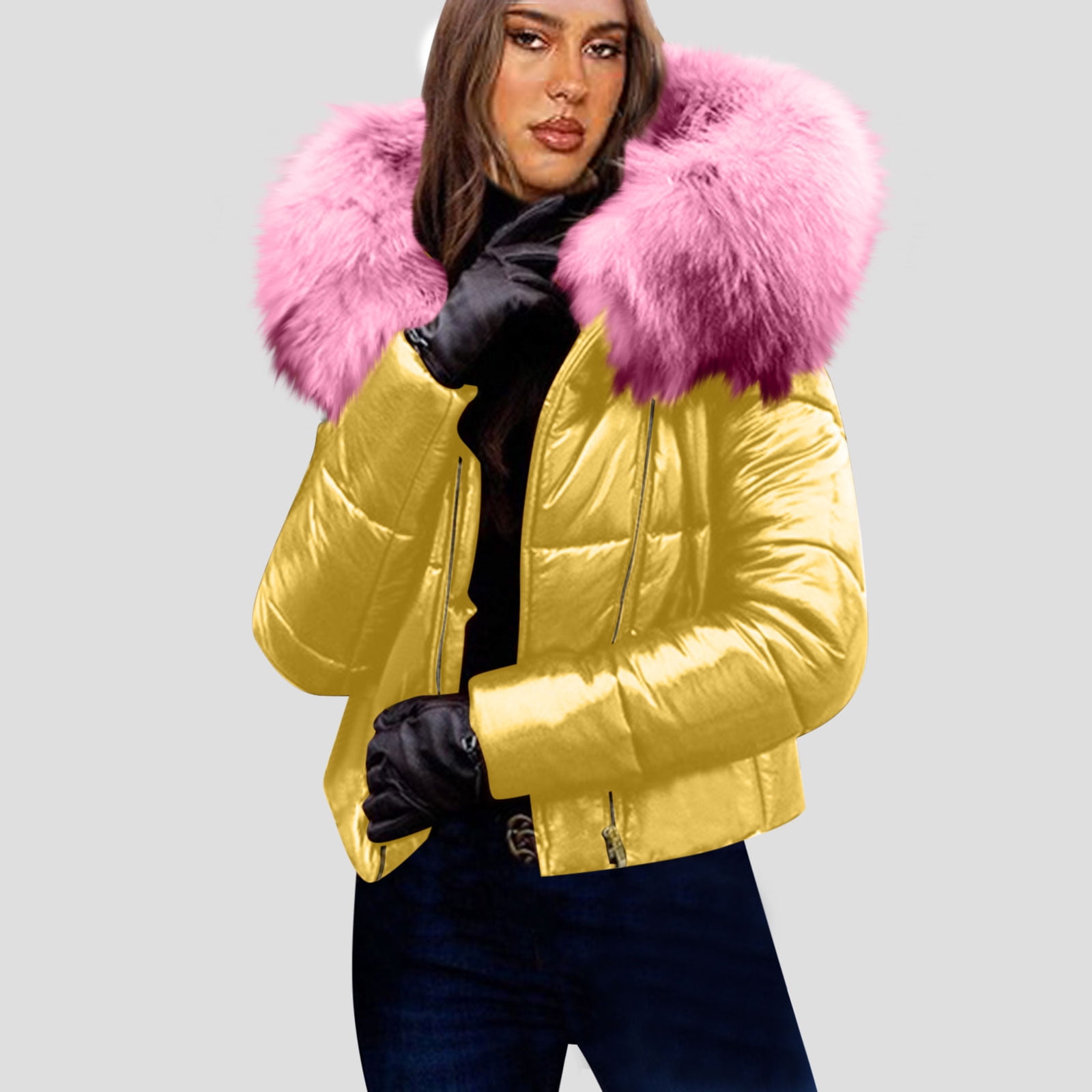 Antqov Puffer Jacket Womens, Solid Color Zipper Cropped Large Thick ...