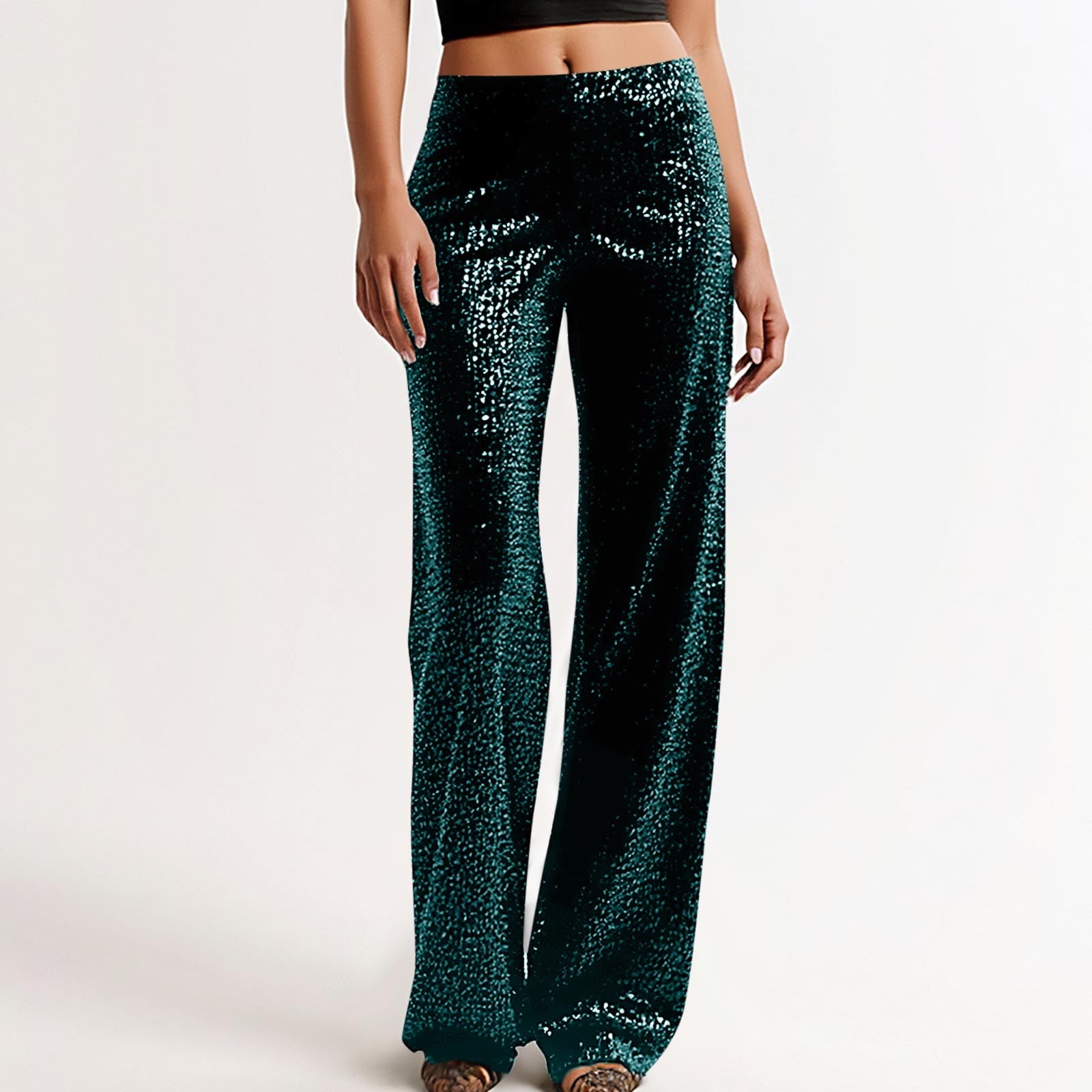 Antqov Sequin Pants Women, Elastic High Waist Solid Color Stretch Loose ...