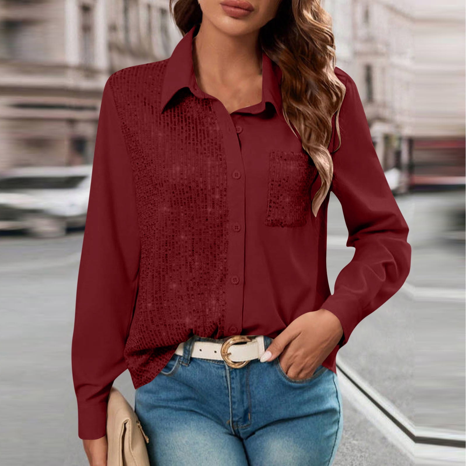 Antqov Sequin Tops for Women, Solid Color Lapel Prom Button Down Collar ...