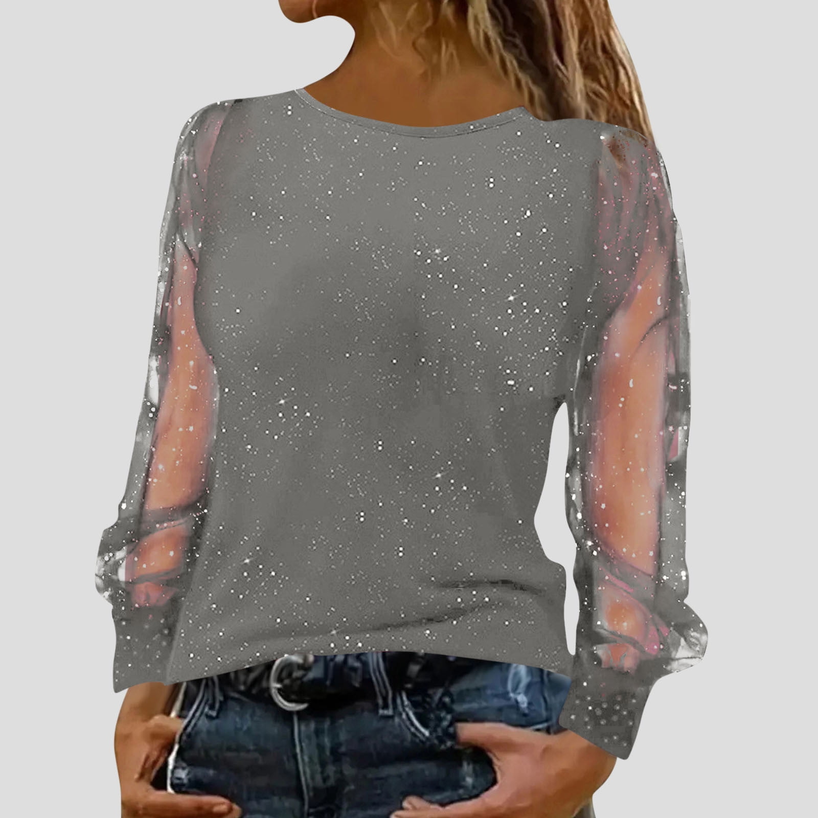 Antqov Sequin Tops for Women, Solid Color Crew Neck Long Sleeve Mesh ...