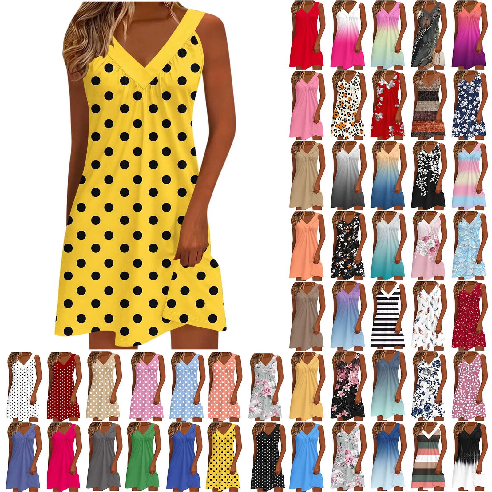 Antqov Summer Dresses for Women, Polka Dot Print V Neck Stretch Thick ...