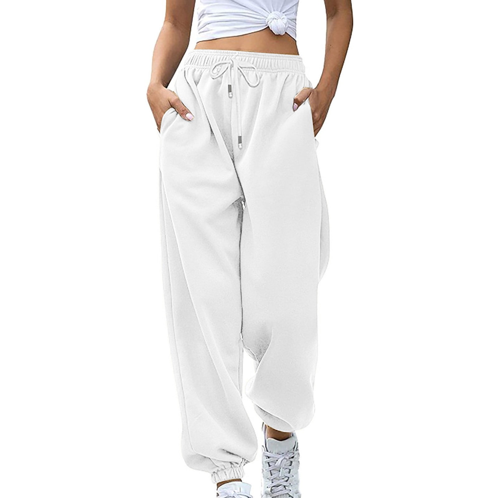 Antqov Sweatpants Women, Elastic Waist Solid Color Drawstring Cuffed ...