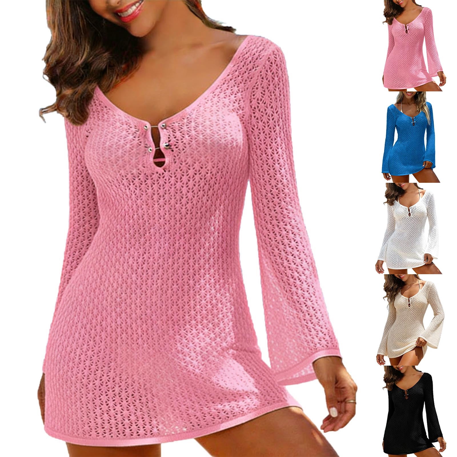 Antqov Swimsuit Coverup for Women, Openwork Texture Knit V Neck Long ...