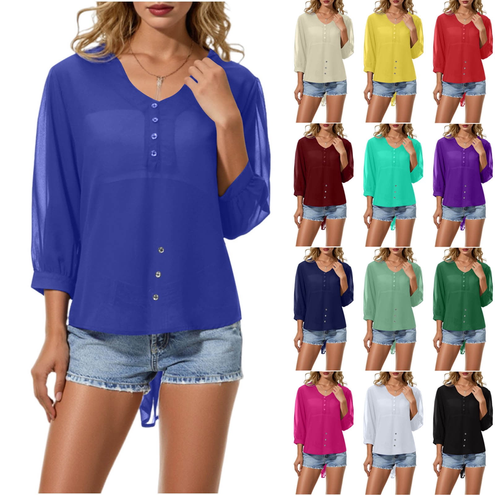 AnuYalue 3/4 Sleeve Tops for Women Henley V Neck Button Shirts ...