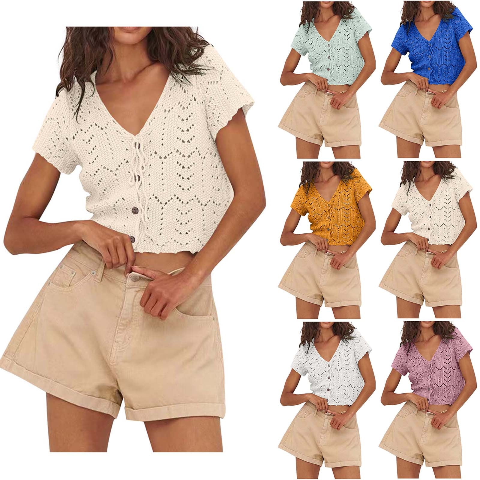 AnuYalue Button Down Shirt for Women Fashion Hollow Out Short Sleeve ...