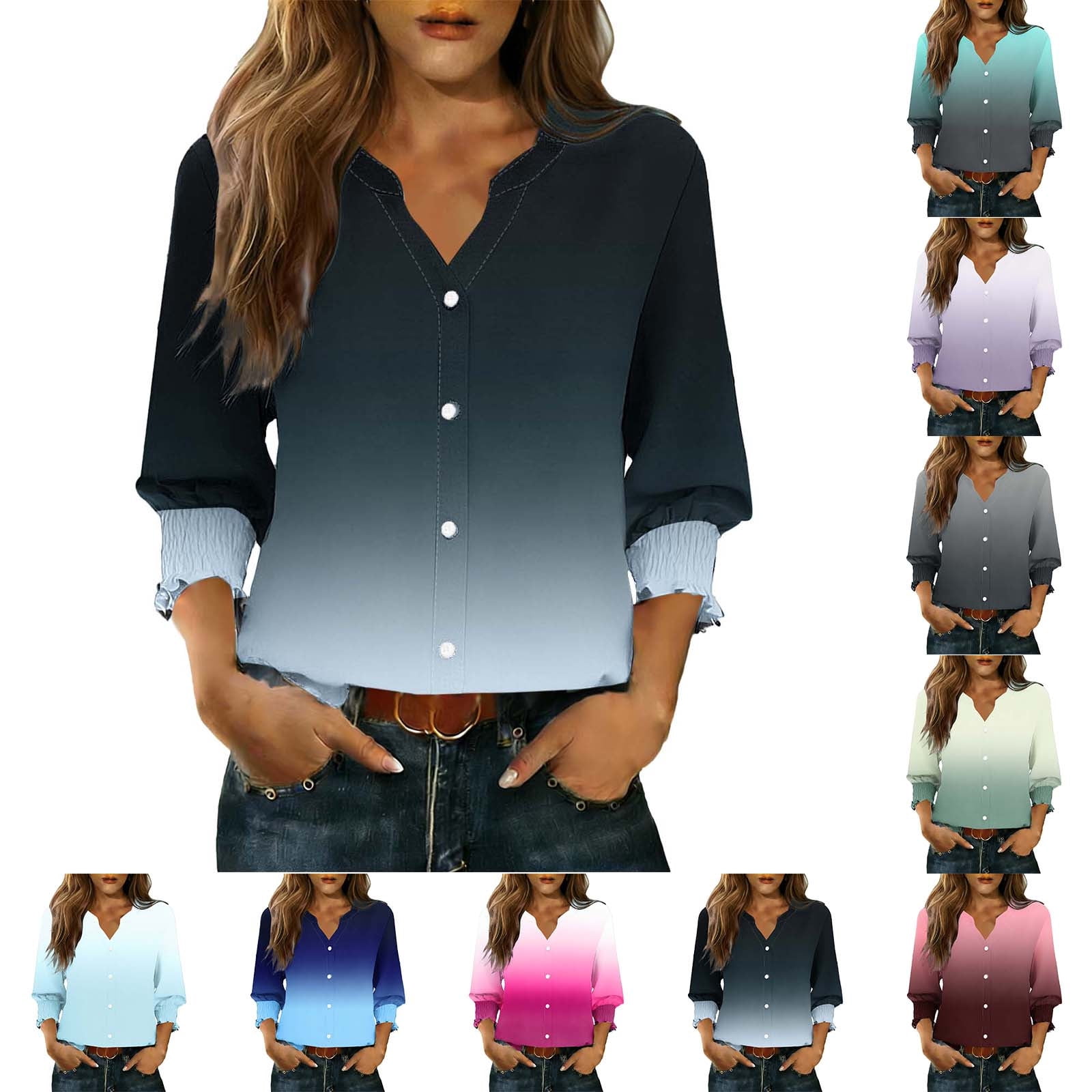 AnuYalue Button Down Shirts for Women Dressy 3/4 Sleeve Floral Blouses ...
