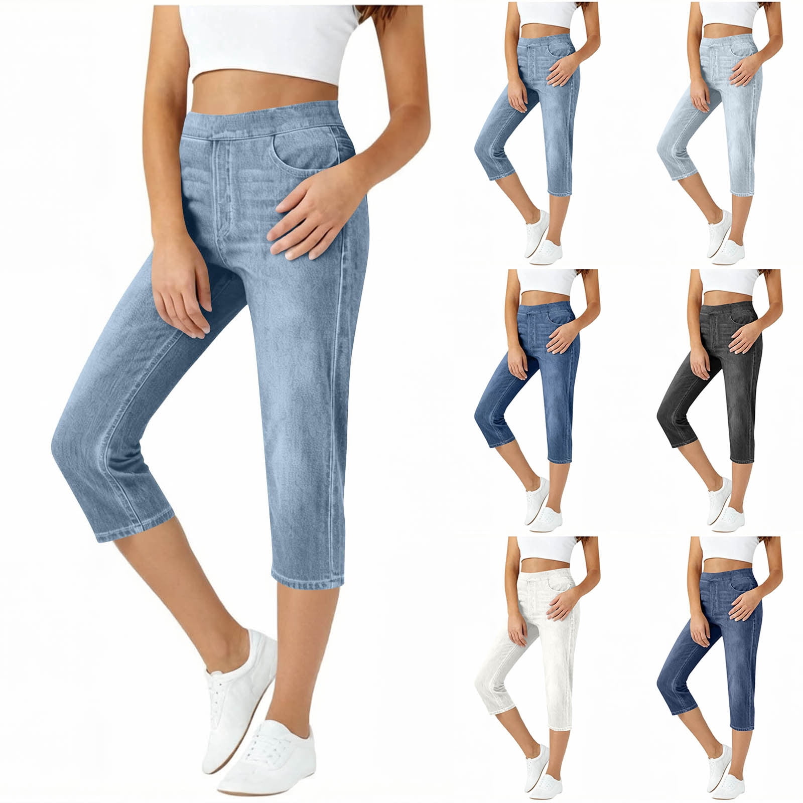 AnuYalue Capris Jeans for Women High Waisted Trendy Pull On Capris Slim ...