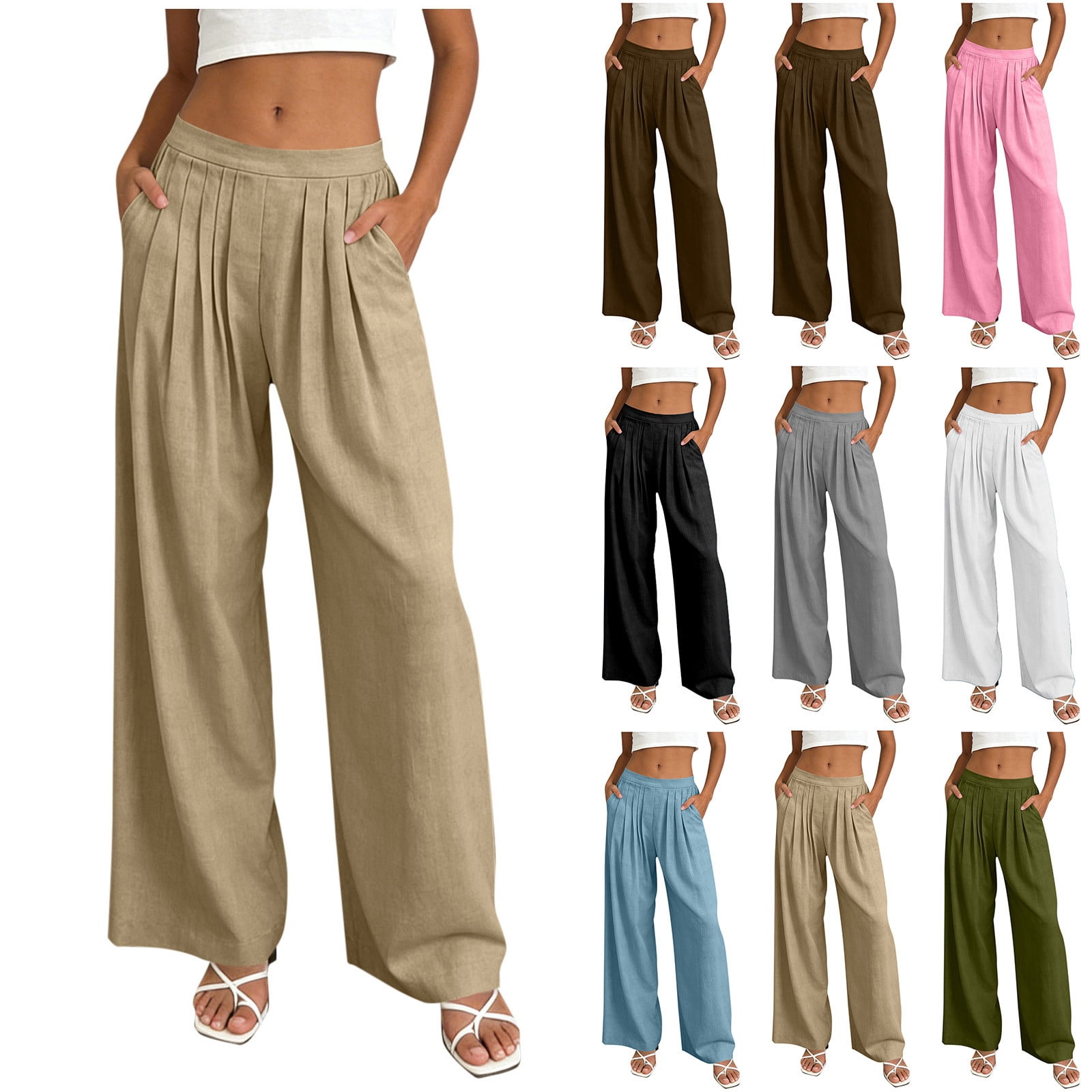AnuYalue Cotton Linen Pants Women Wide Leg Palazzo Pants Beach Vacation ...