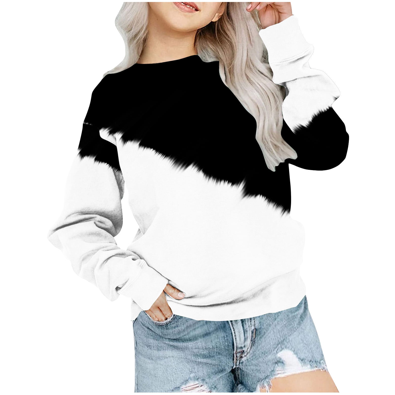 AnuYalue Girls Color Block Sweatshirt Casual Crew Neck Long Sleeve ...