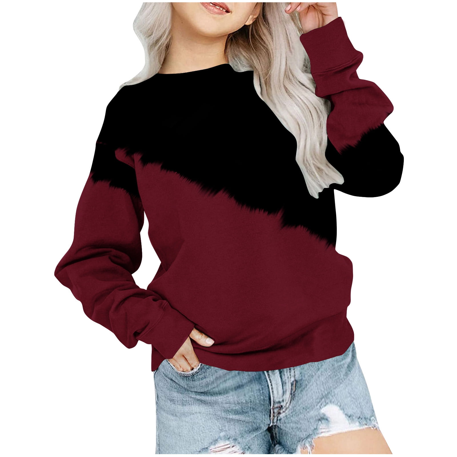AnuYalue Girls Color Block Sweatshirt Casual Crew Neck Long Sleeve ...