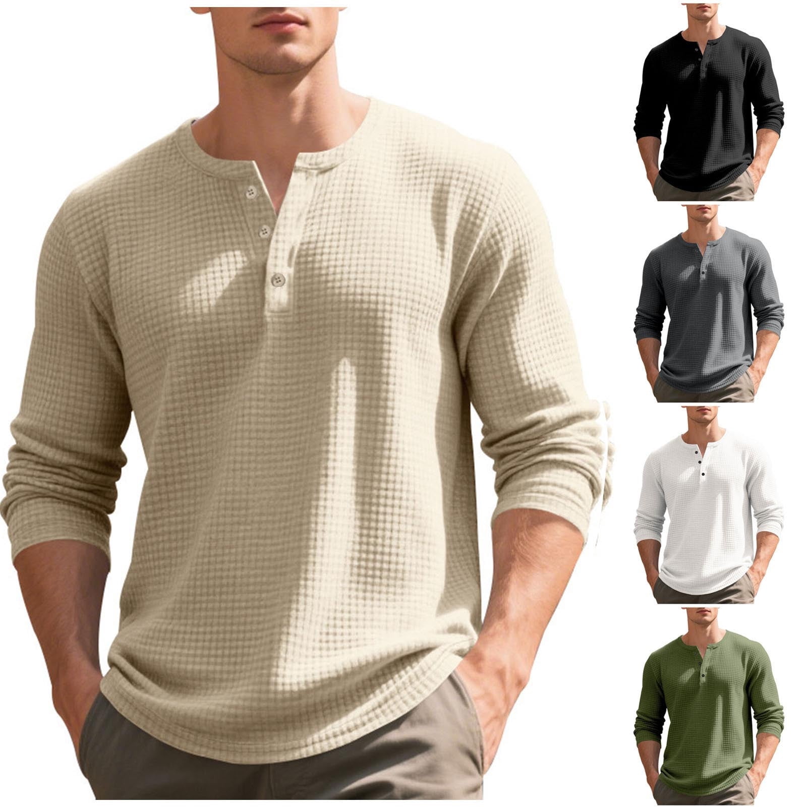 AnuYalue Henley Shirt Mens Casual Long Sleeve Crewneck T-Shirt Loose ...
